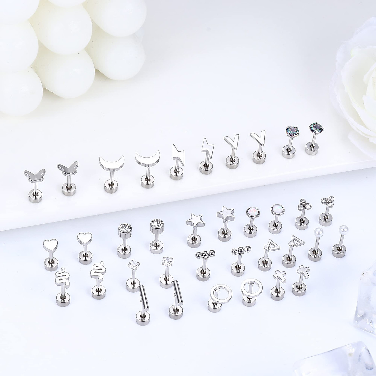 FIBO STEEL 18 Pairs Flatback Stud Earrings 18G Surgical Steel Cartilage Studs for Women Cute Moon Star Snake Opal Disc Ball CZ Stud Earring Set Silevr tone