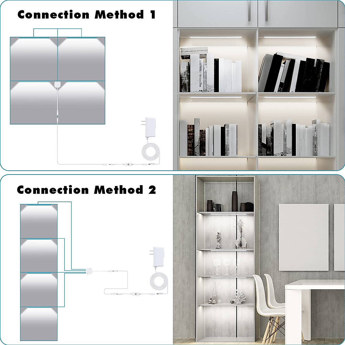 JUSJUBR 4-Pack Cold White Display Shelf Lights, Under Shelf Lighting with Memory Function, 12 Inch 6000K Plug-in Bookshelf Lighting, LED Cabinet Lights for Display Case/Pantry/Closet/Safe