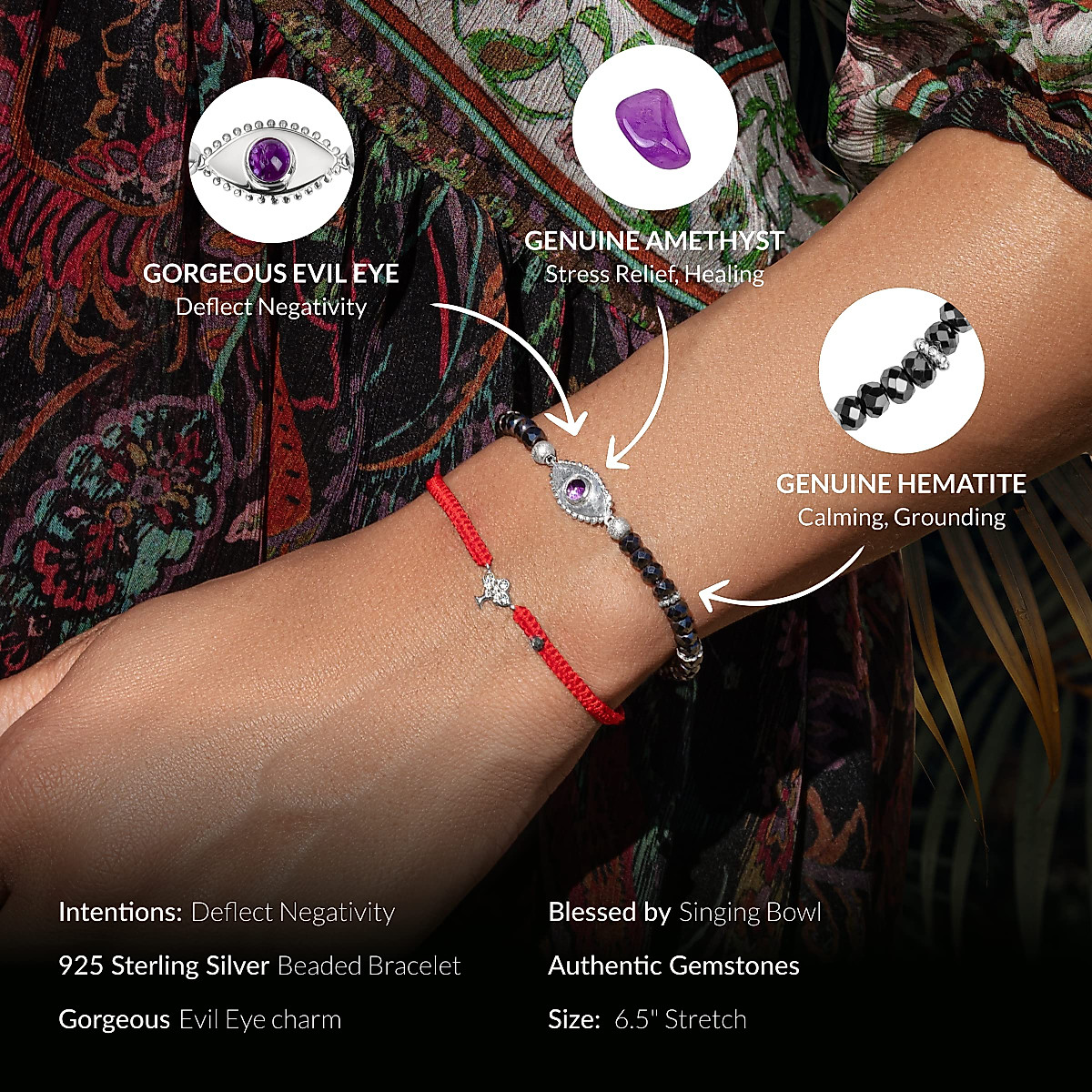 KARMA AND LUCK - Inner Transformation - Women's Grounding Real Hematite & Calming Amethyst Beads 925 Sterling Silver Protection Evil Eye Charm Stretch Bali Bracelet