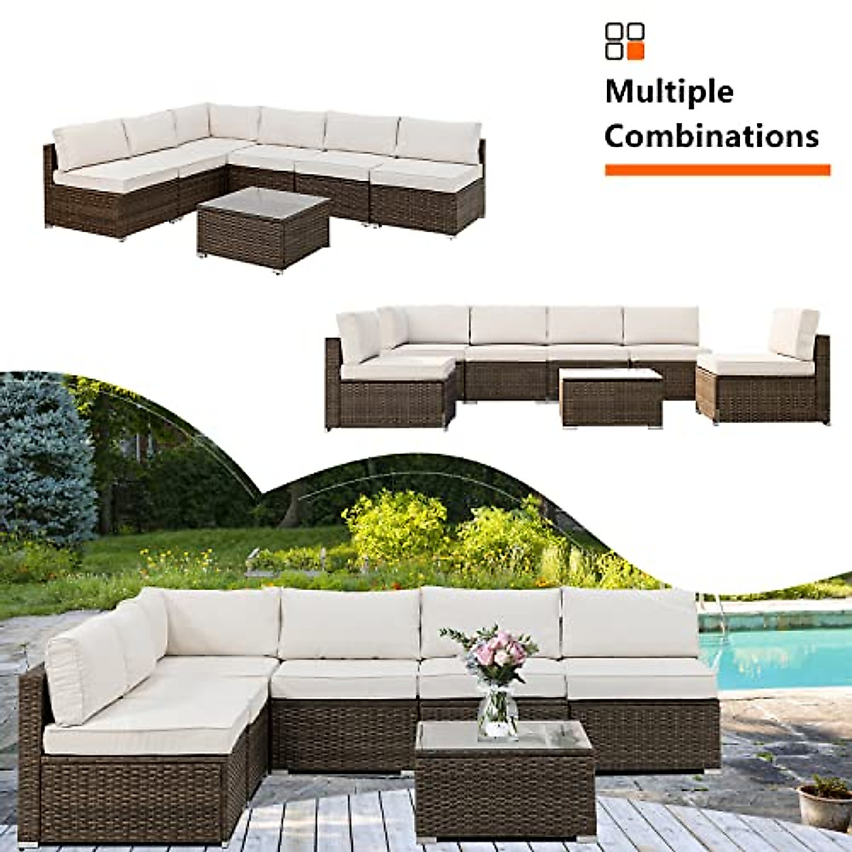 HOMPUS 7-Piece Outdoor Handwoven PE Rattan Wicker L-Shaped Corner Conversation Set Furniture Brown Patio Sectional Sofa Set w Beige Seat Cushions, Glass Coffee Table for Garden,Yard,Pool