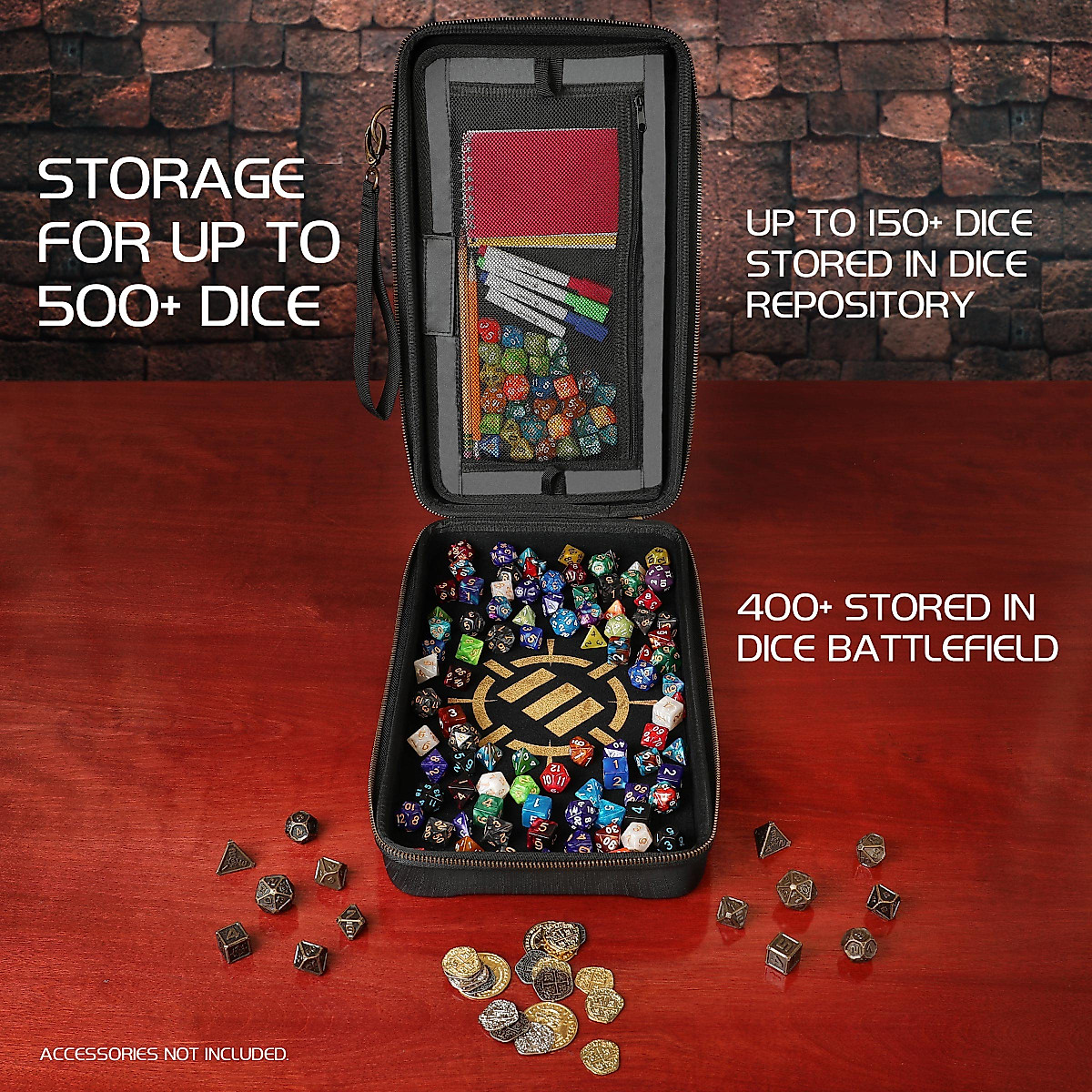 ENHANCE Tabletop Community DND Dice Case and Dice Rolling Tray - Dice Holder and Storage for up to 500 RPG Dice with Rugged Protective Design, Soft Interior, and Organizer Pockets (500 Dice Capacity)