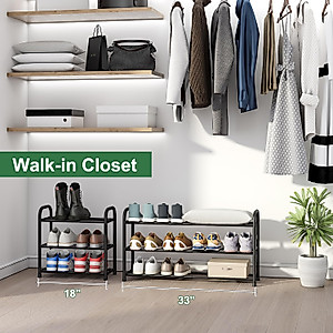kiplant Shoe Rack for Closet, 3-Tier Expandable Shoe Organizer for Closet, Metal Adjustable Black Shoe Shelf Storage Organizer, Free Standing Shoe Rack for Entryway Closet Doorway