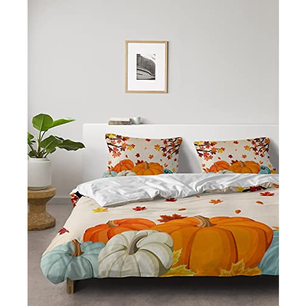 Thanksgiving Orange Pumpkin Fall Maple Leaves Duvet Cover Sets 4 Piece Cal King Ultra Soft Bed Quilt Cover Set for Kids/Teens/Women/Men,Tree Deciduous Bedding Collection All Season Use