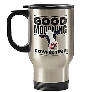 me,myself & i DESIGNS Cow Coffee Travel Mug Good Moooning Cowfee Time 14 oz Stainless Steel Travel Tumbler Handled Gift