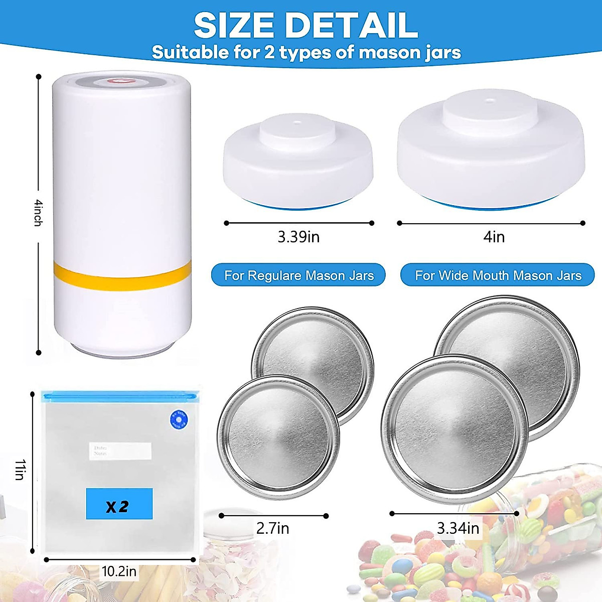 Electric Mason Jar Vacuum Sealer Kit for Regular and Wide Mouth Mason Food Jars, Canning Sealer with Electric Portable Vacuum Pump and Vacuum Seal Bags for Food Storage and Fermentation