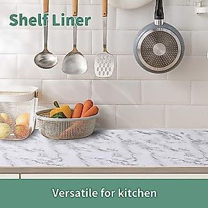 Drawer and Shelf Liner for Kitchen Cabinet: 12 in X 20 Ft Non Slip Waterproof Shelf Paper Non Adhesive Refrigerator Liners White Marble Easy Liners for Bathroom Cupboard with Knife Tape Measure