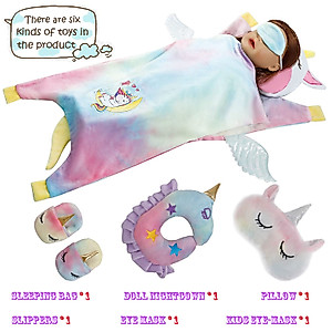 Windolls Girl 18 Inch Doll Sleeping Bag & Clothes Accessories Set - Unicorn Doll Costume with Unicorn Style Sleeping Bag, Eye Masks, Pillow, Slippers - Fits My Life, Generation, Journey Dolls