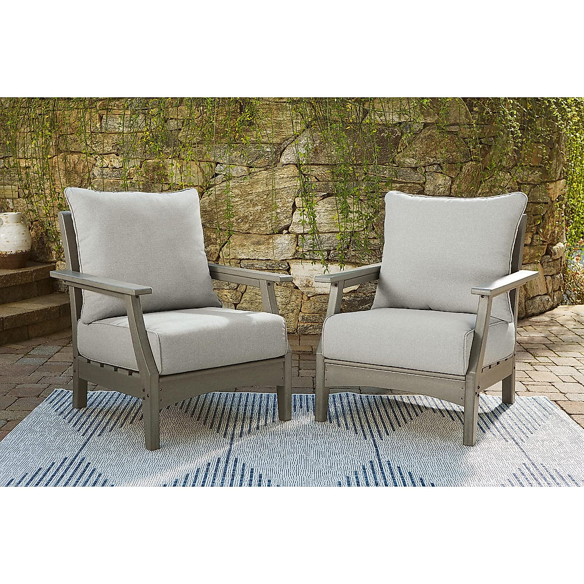 Signature Design by Ashley Outdoor Visola Patio HDPE Cushioned Lounge Chair, 2 Count, Gray