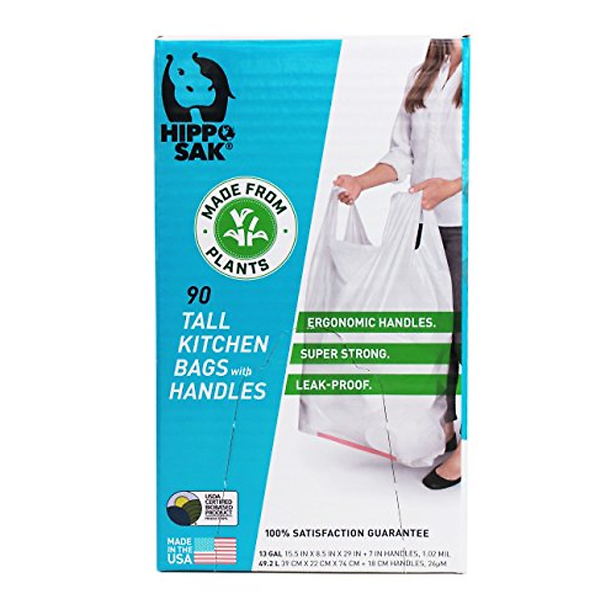 Plant Based - Hippo Sak Tall Kitchen Bags with Handles, 13 Gallon (90 Count)