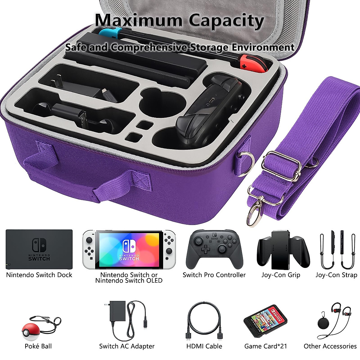 Switch Carrying Case Compatible with Nintendo Switch / Switch OLED, Professional Full Protection Travel Bag with Removable Strap for All Nintendo Switch Console Pro Controller Accessories