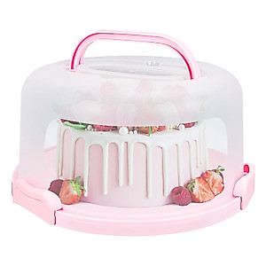 RTUDOPUYT Cake Carrier with Lid and Handle, Fit 10’’ Cake Stand with Lid, Cake Transport Container, Cake Containers with Lids, Pink, 3 Secure Side Closures