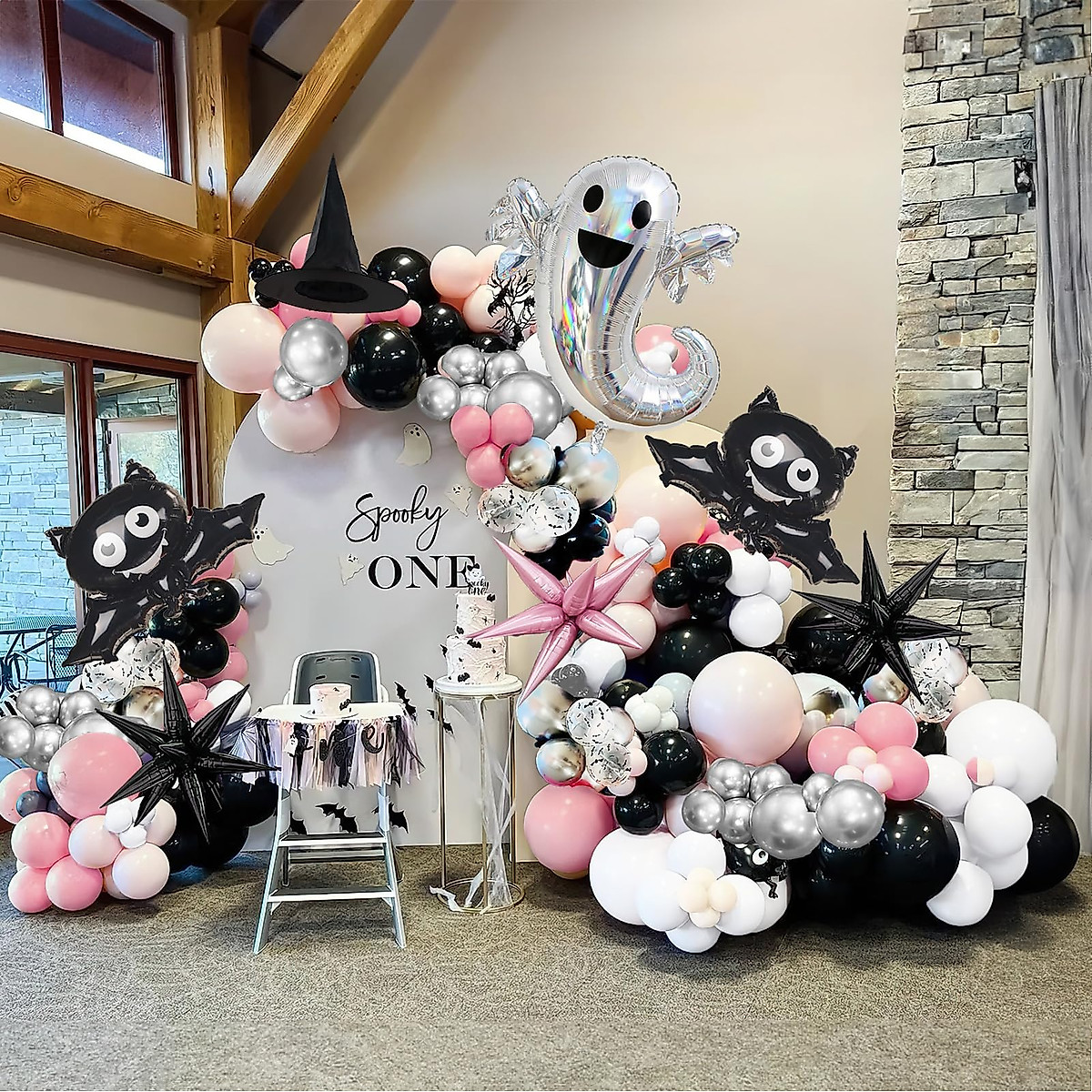 Pink Black Silver Halloween Balloon Garland Kit 130Pcs With Starburst Ghost balloon and wizard Hat for Girl baby shower Happy boo day spooky one Birthday Party Decoration