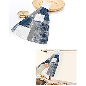 Hand Tie Towel Set of 2,Blue White Gray Oil Painting Hanging Kitchen Towels with Loop, Absorbent Tea Bar Dish Towel Fast Drying Towels for Bathroom,Geometric Gradient Abstract Art