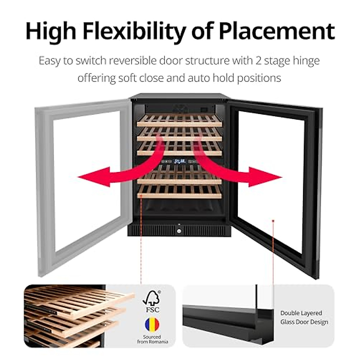 Frostronics 24 Inch Dual Zone Wine Refrigerator, 51 Bottles Under Counter Built-In or Freestanding Wine Cellar, Wine Cooler with Quiet Compressor Cooling and Reversible Glass Door, Fits Large Bottle