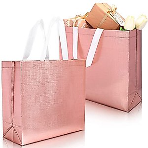 Whaline Set of 12 Reusable Rose Gold Gift Bags Glossy Glitter Tote Bag with Handles Large Size Stylish Party Holidays Favor Bags for Wedding Birthday Party Valentines Mother's Day Christmas