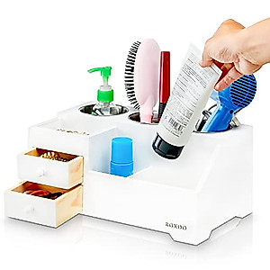 Boxoo Hair Tools Organizer with Drawers - Blow Dryer, Curling Iron, Straightener, Hair Brush Holder - Dressing Table, Bathroom Countertop Storage Caddy - Makeup, Toiletries, Hot Tools Holder, White