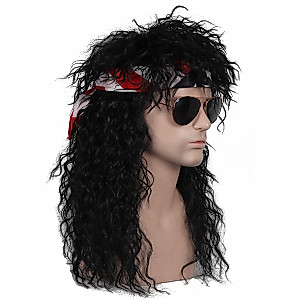 80s Wig with Bandana for Men Long Curly Black Rocker cosplay wig for Halloween