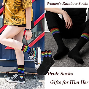 Ronglry 6Pairs Rainbow Striped Socks for Women Men Pride Crew Socks Colorful Novelty Cotton Socks Rainbow Pride Socks High Rainbow Funny Socks for Pride Sport Athletic Socks Rainbow Tube Socks Gifts-A