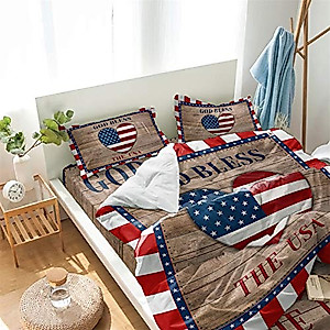 Chucoco Independence Day Twin Duvet Covers Set American Flag Love Wood Plank 4 Pcs Bedding Sets Brushed Microfiber Quilt Covers Lightweight Cozy Flat Sheet with 2 Pillowcases Red White Plaid