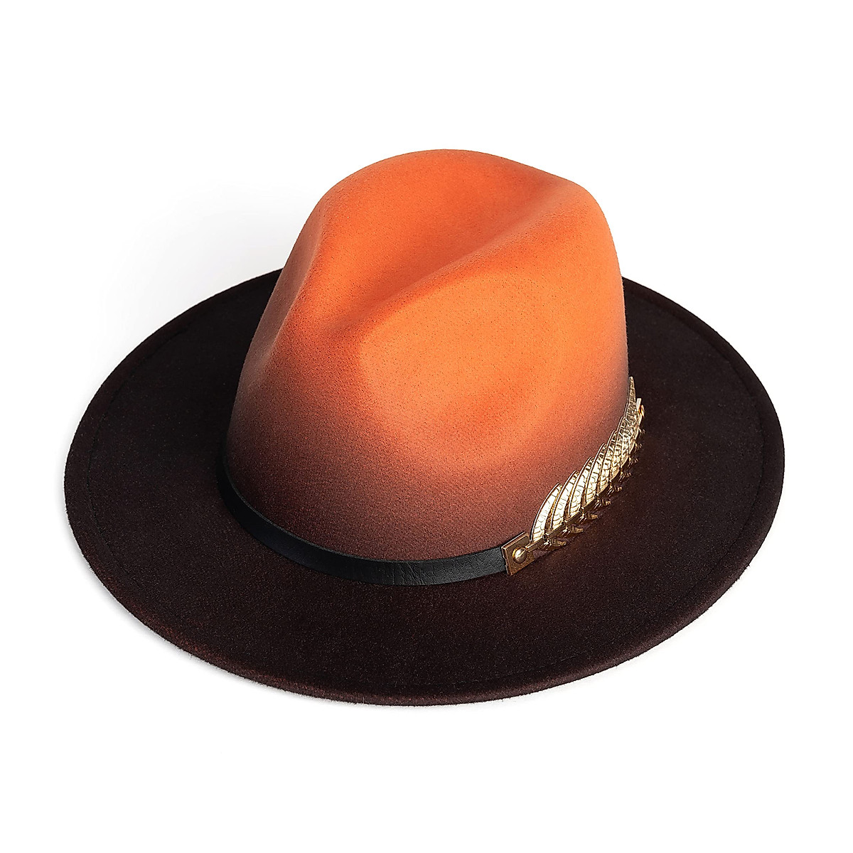 Gossifan Women Gradient Color Fedora Wide Brim Felt Panama Hat with Belt Buckle Orange/Black