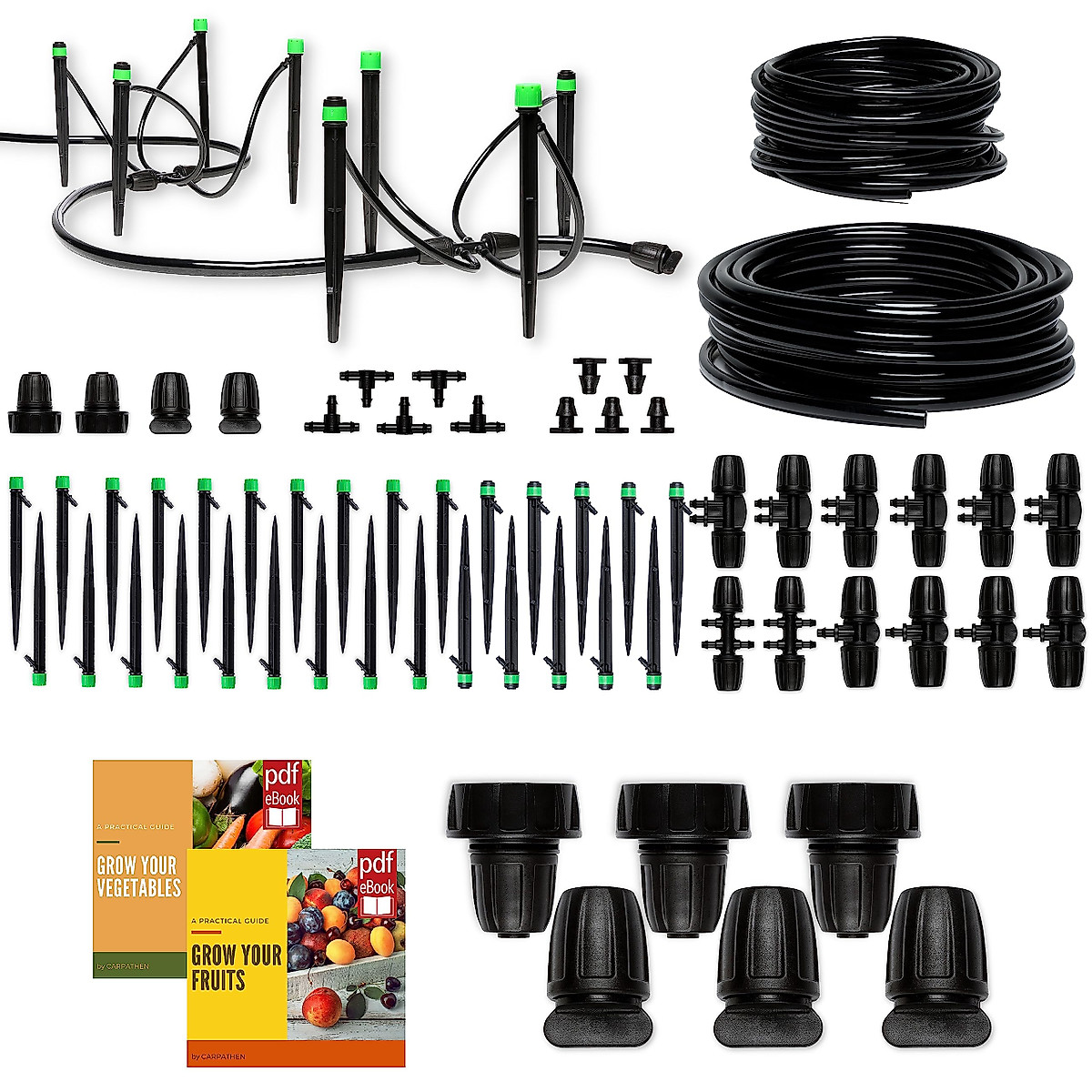 CARPATHEN Drip Irrigation Kit - Adjustable Premium Garden Watering System for Raised Garden Bed, Yard, Lawn + 6 pcs Drip Irrigation Parts - 3 x Female Thread Adapter + 3 End Plugs for 5/16 Mainline