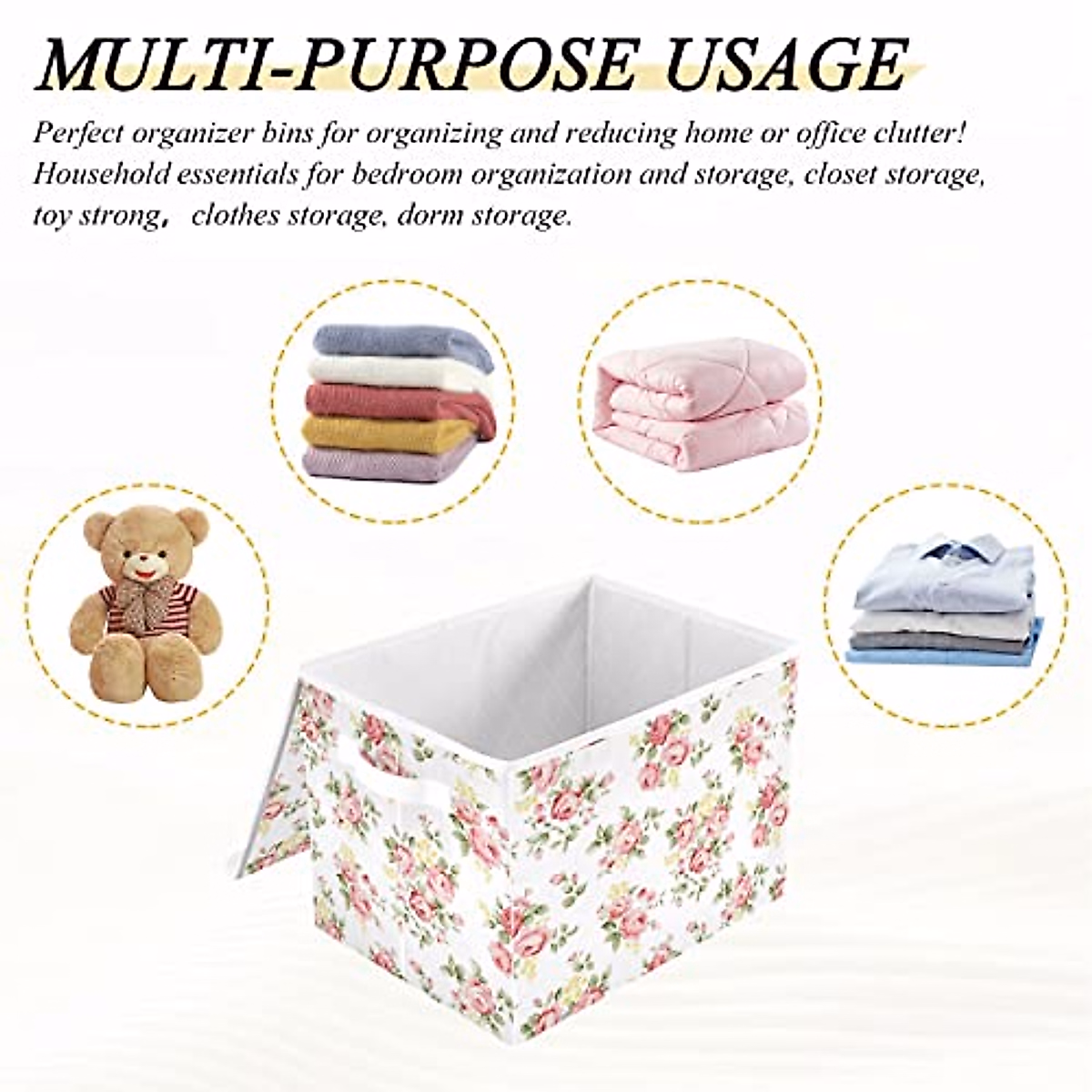 senya Flower Storage Baskets Collapsible Storage Bins with Lids, Pink Rose Flower Floral Storage Boxes Clothes Baskets for Organizing