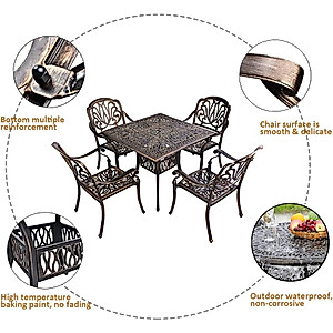 Sumshadow 5-Piece Cast Aluminum Outdoor Patio Dining Set, All Weather Cast Aluminum Outdoor Furniture Dining Set for Patio, Balcony, Lawn, Garden, Backyard w/4 Chairs and Cushions, 2.0" Umbrella Hole
