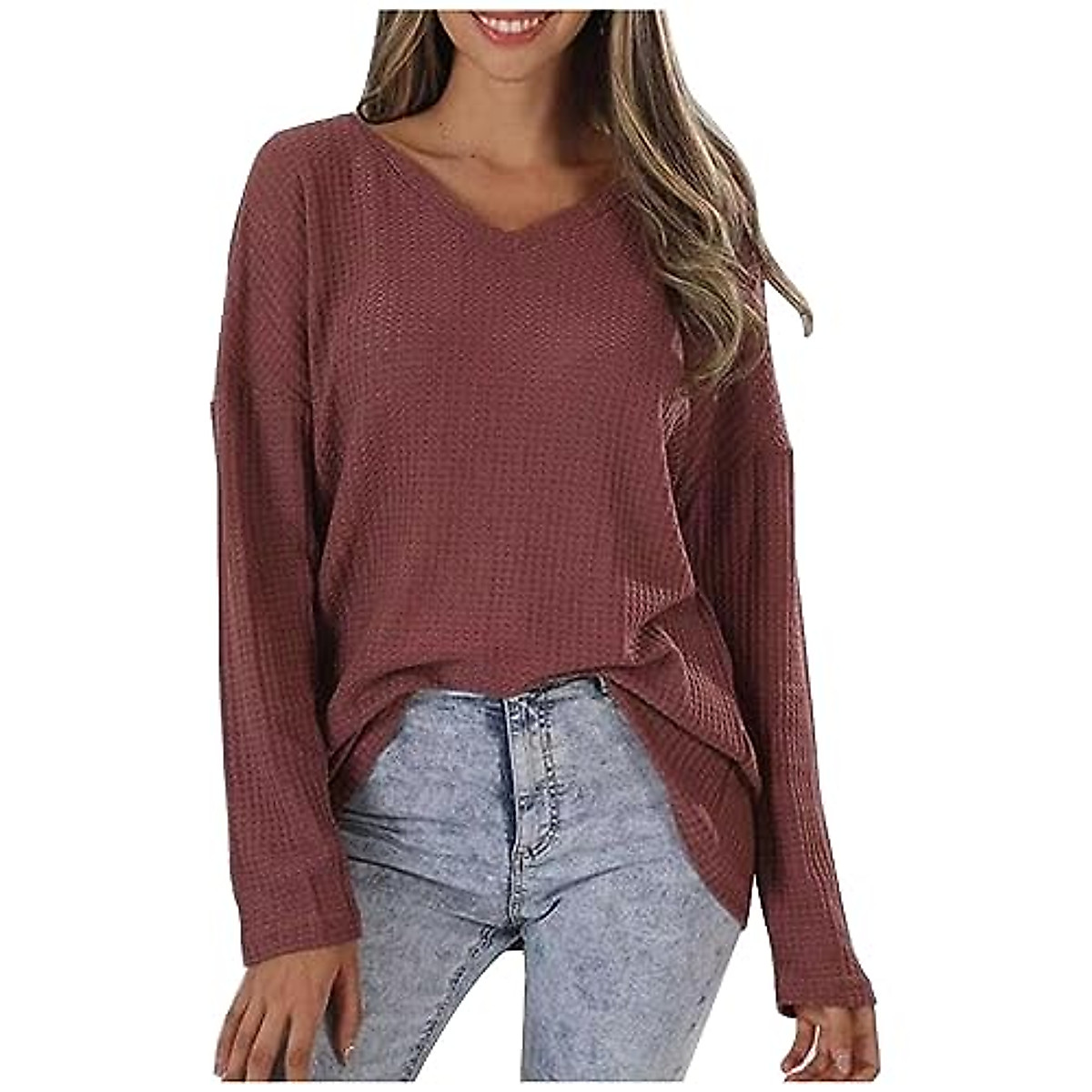 Deals of The Day Clearance Women's Tops Oversized v-Neck Long Sleeve Solid Color Shirts Waffle Knit Casual Loose 2023 Trendy Tees Shirt Wine M
