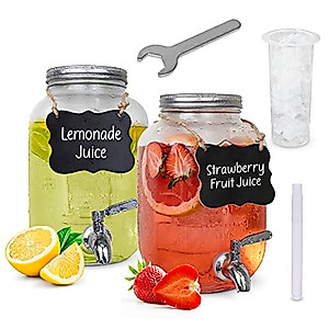 UMAID Glass Drink Dispensers for parties [Set of 2] 1 Gallon Glass Jar Beverage Dispenser W/Stainless Steel Spigot, Leakproof - Glass Drink Dispenser W/Ice Cylinder, Sun Tea Jar, Lemonade & Daily Use