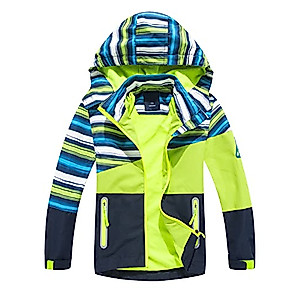 LOKTARC Big Boys Girls Rain Jackets Stripe Color Block Kids Lightweight Waterproof Hooded Raincoats Fluorescent Green 7-8 Years/Size L