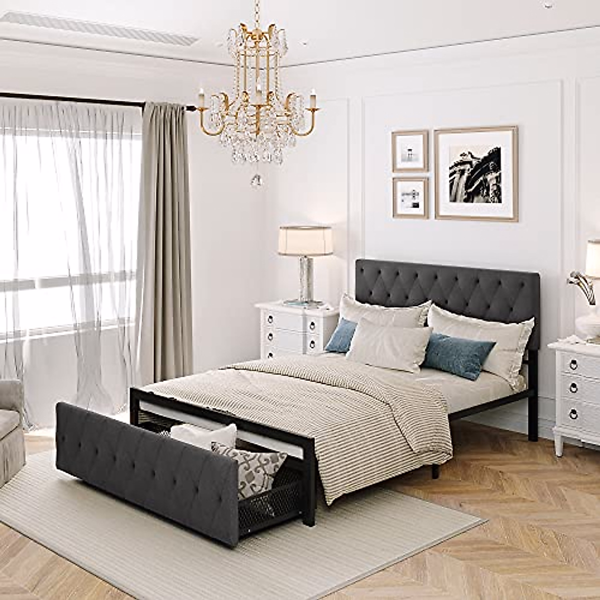 Merax Metal Upholstered Bed Frame wit Storage Drawer/Mattress Foundation/Wood Slat Support/No Box Spring Needed Gray, Full