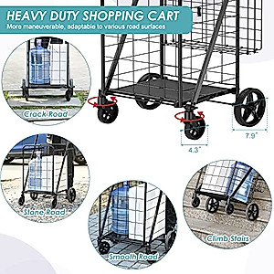 Folding Shopping Cart for Groceries,340 lbs Capacity Grocery Cart with Waterproof Liner and 360° Swiveling Wheels Collapsible Shopping Carts with Double Basket for Condo Laundry Transport Trip