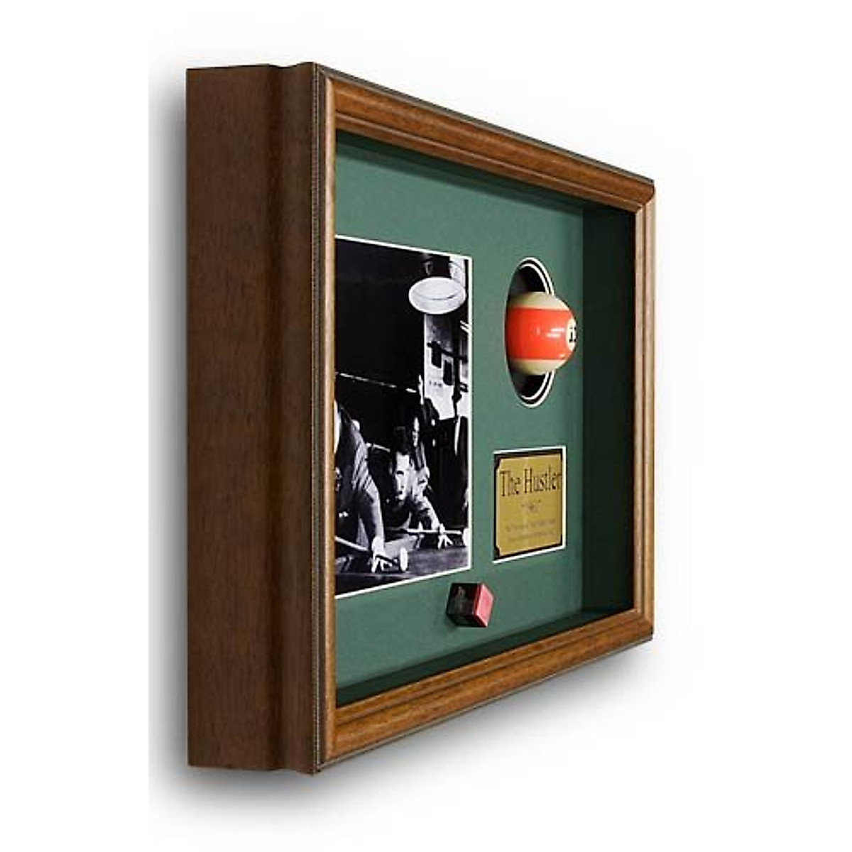 The Hustler Billiard Movie Memorabilia Game Room Decor Framed Photo, Plate, Real Pool Ball, Chalk Custom Made Real Wood Dark Walnut Shadowbox Frame (21 1/4 x 13 1/4")
