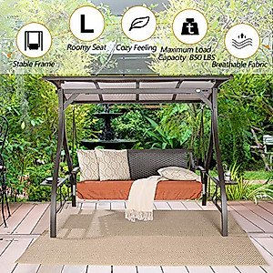 Patio Tree 3 Person Outdoor Porch Swing Deluxe Patio Hammock Swing Glider Bench with LED, Adjustable Hardtop Canopy and Sunbrella Pillows