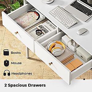 SUPERJARE 35.4" White Desk with 2 Drawers, Modern Makeup Vanity Desk with Padded Stool, Small Computer Desk Home Office Desk for Writing Study Bedroom