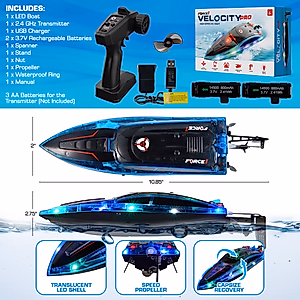 Force1 Velocity Pro LED RC Boat- Remote Control Boats for Adults and Kids, Underwater Speed Racing Mini RC Toy for Pools and Lakes, LEDs, 2.4GHZ Transmitter, Rechargeable Batteries, Low Battery Alert
