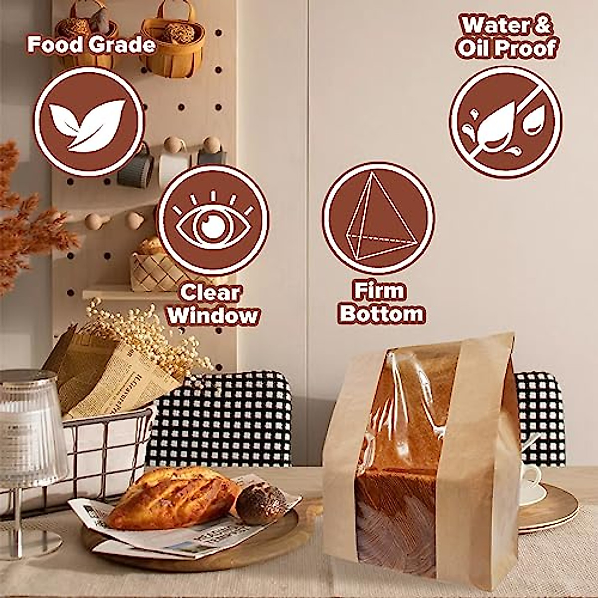 25Pcs Kraft Paper Bread Bags, Brown Bakery Bags for Homemade Bread & Food Packing Storage with Clear Window, Sourdough Loaf Bread Bags with Label Seal Stickers