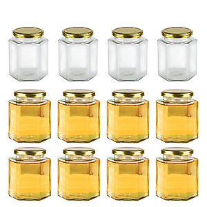 Encheng 16 oz Clear Hexagon Jars,Glass Jars With Lids(Golden),Mason Jars For Honey,Foods,Jams,Liquid,Spice Jars Herd Jars Canning Jars For Storage 12 Pack