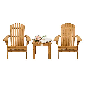 VINGLI Folding Wooden Adirondack Chair Set of 2 and Table Set, Fire Pit Seating Ergonomic Design, Folding Outdoor Patio Lounger Armchair Lawn Chairs Furniture w/Natural Finish, for Beach, Balcony