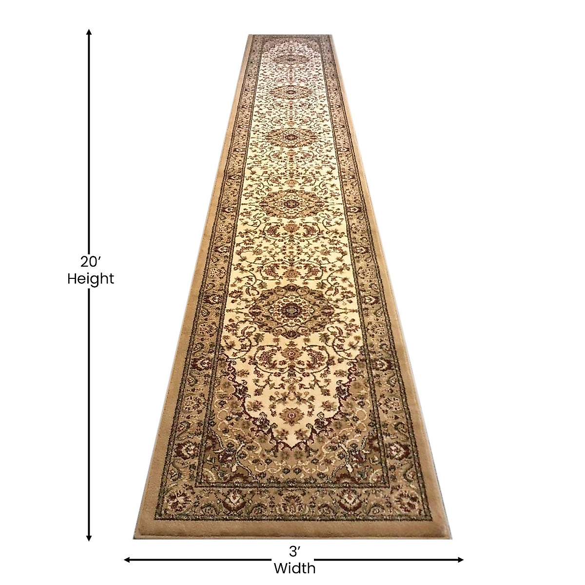 Flash Furniture Mersin Collection Persian Style Area Rug - Olefin Ivory Non-Shedding Fibers - 3' x 20' - Jute Backing - for Hallway, Entryway, Bedroom, Living Room