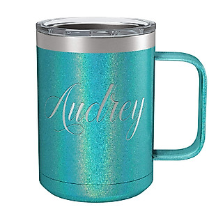 Personalized Coffee Mug Seafoam Glitter 15 oz with Lid and Handle Custom Engraved Gift Stainless Steel Vacuum Insulated Cup