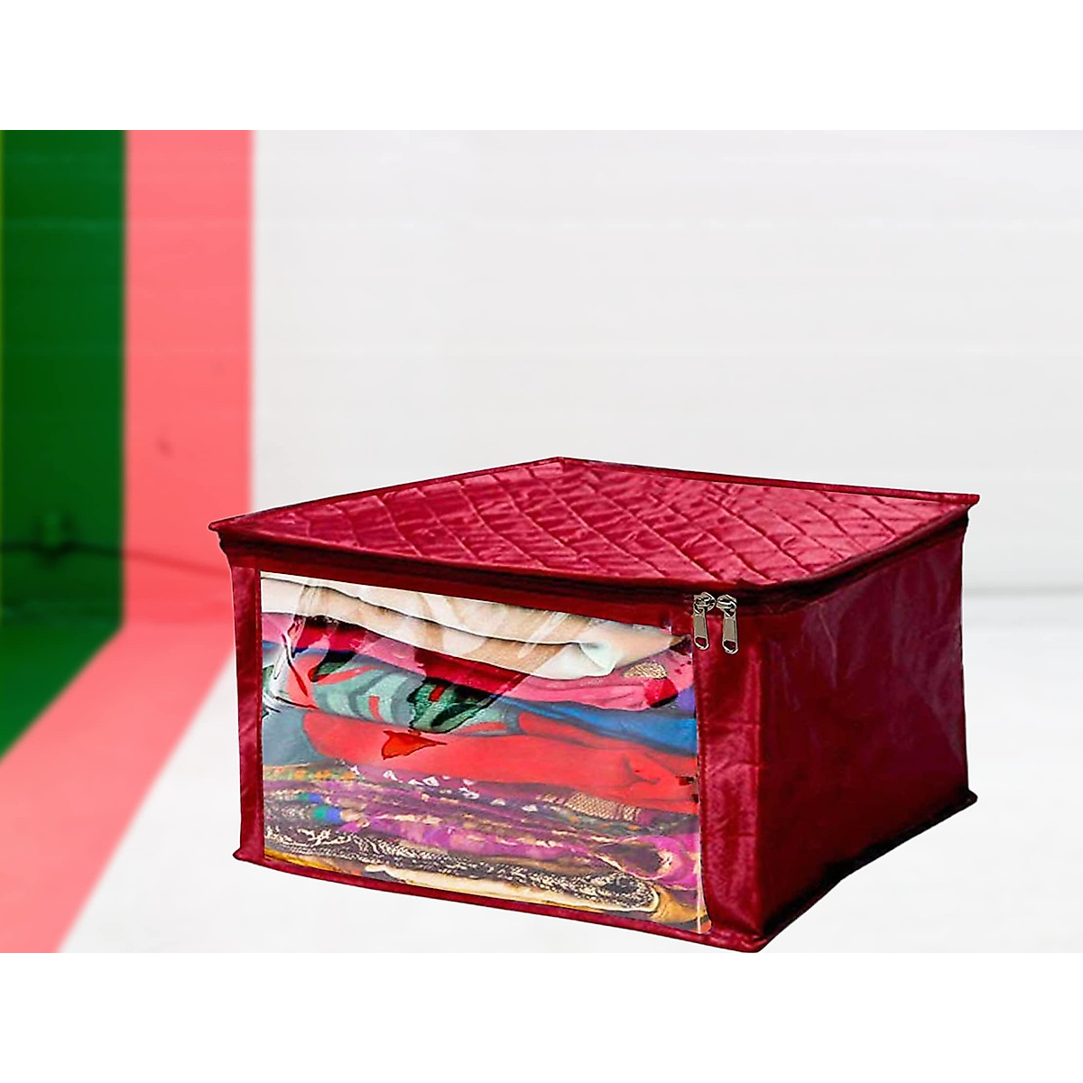 atorakushon Satin Fabric Foldable Garments Saree Blouse Cover Bag Pouch Closet Wardrobe Organizer With Clear Window Zipper Lock Pack of 3 (Maroon)