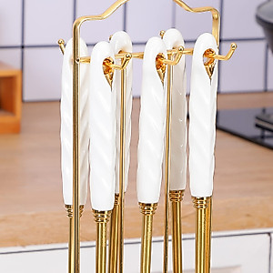 Cooking Utensils Set with Holder,7 PC 304 Stainless Steel High-Grade Gold Cooking Kitchen Utensil Set with Ceramic Handle,Spatula,Turner Spatula,Ladle,Serving Spoon,Slotted Spoon,Pasta Server (White)