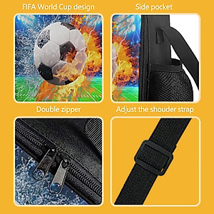 PAUSEBOLL Soccer Unisex Lunch Bag, 10.5 x 8 x 4.5 in, Oxford Cloth with EVA Lining, Adjustable Shoulder Strap, Mesh Pocket, Lightweight, Reusable, Waterproof