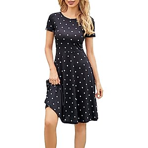 MicroStar dresses for women 2023 Slim Short Sleeve Round Neck A Line Fit and Flare Knee Length Sun Dress Black Polka Dot