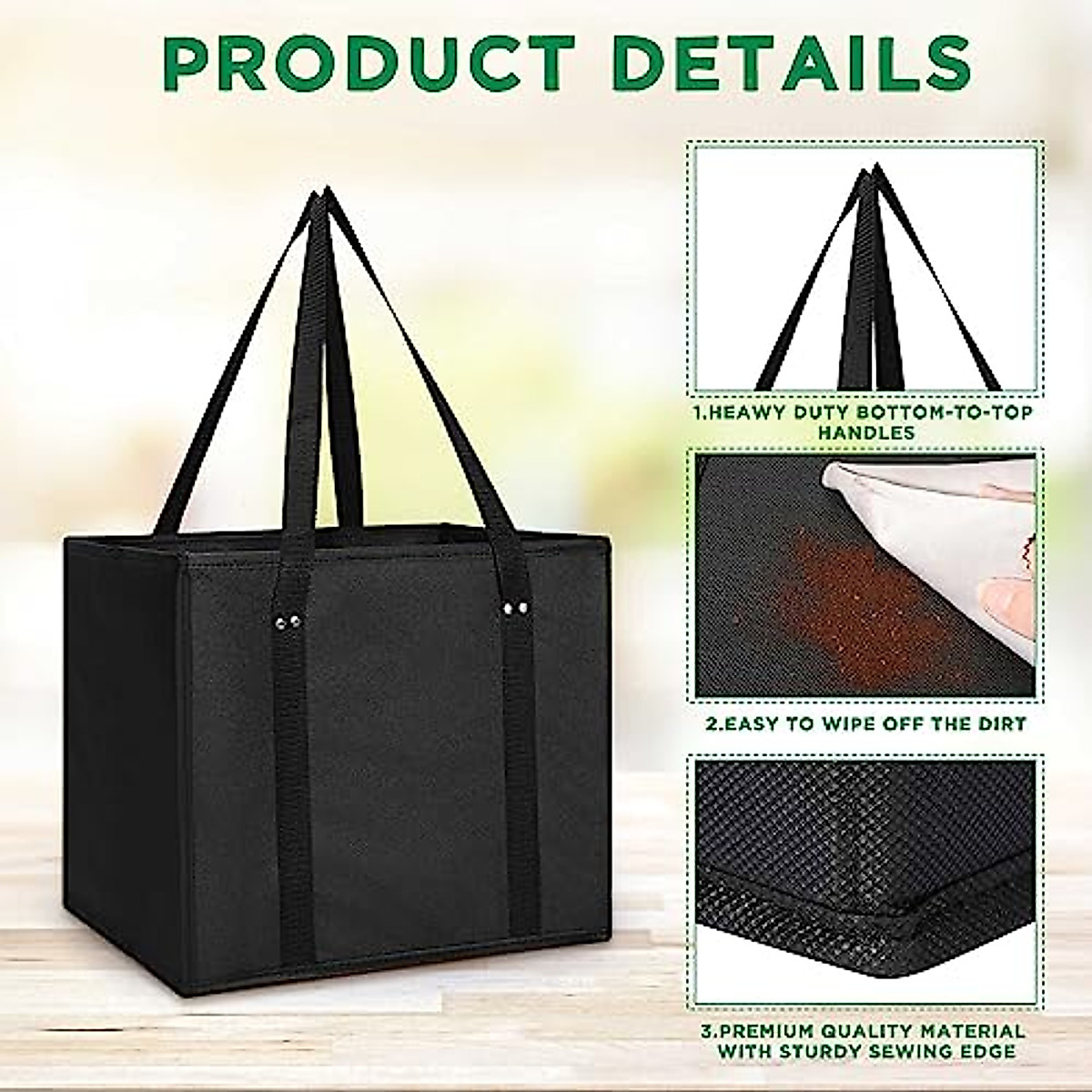 Silkfly 6 Pcs Reusable Grocery Bags with Sturdy Cardboard Bottom and Handles Large Heavy Duty Washable Shopping Tote Bags Bulk Utility Foldable Storage Bins Basket for Food Cart Clothes, Black