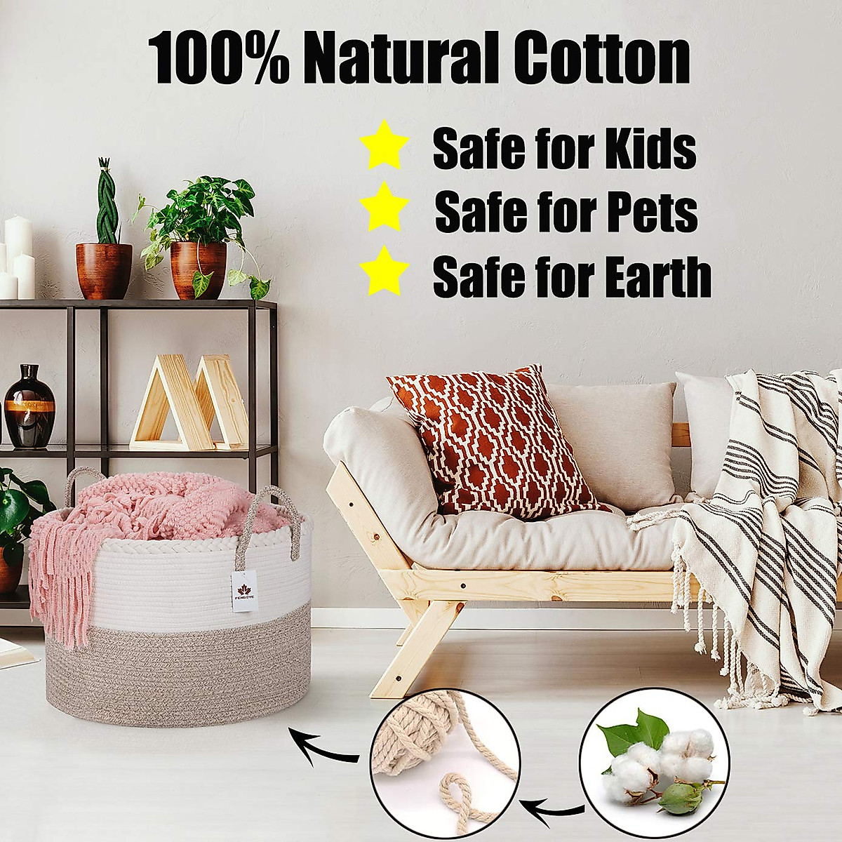 FENG@YE XXXL Extra Large 21.7 x 21.7 x 13.8 Inchs Natural Cotton Rope Basket Decorative Woven Basket Storage Baby Laundry Hamper with Handles for Baby and Kids Room Toy Bin Blanket Basket