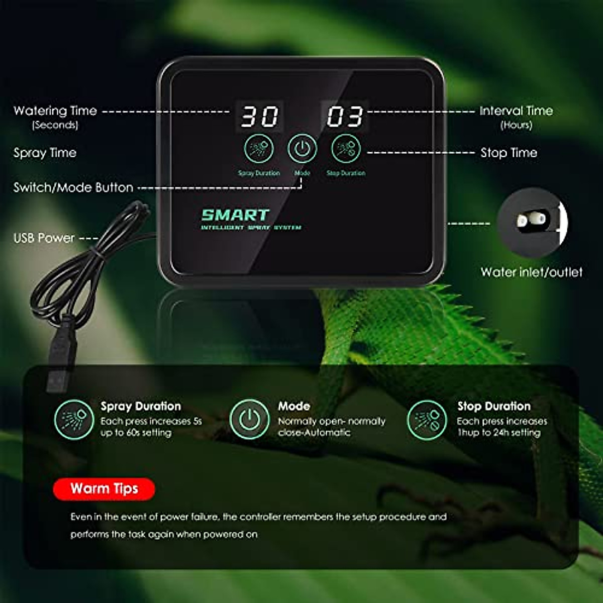 Reptile Humidifier, Smart Sprayer, Automatic Mister for Reptiles, 360°Adjustable Misting Spray System Adjustable Spray Nozzles for Reptiles Chameleons Herbs
