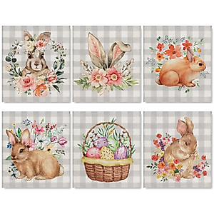 AnyDesign Easter Swedish Kitchen Dishcloth Set of 6 Watercolor Easter Egg Rabbit Bunny Floral Cotton Kitchen Towel Gray White Buffalo Plaids Dish Towel for Housewarming Cleaning Wipes, 7 x 8 in