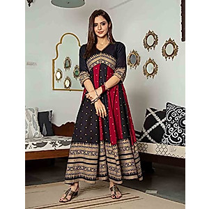 FIDOZA Women's Rayon Printed Anarkali Embroidery Kurti | Pakistani Style Rayon Printed Kurti For Women | Ready to wear (Black, XL)
